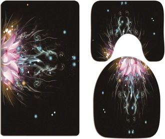 A.Monamour Badezimmer Badematte 3 Teilig Set Schwarzer Der Leuchtenden Rosa Lotusblume Zen Abstrakter Flanell WC Toilette Deckel Deckt Bad Matte Teppich Badteppi