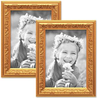 Photolini 2er Set Bilderrahmen Antik Gold Nostalgie 15x20 cm Fotorahmen mit Glasscheibe/Kunststoff-Rahmen