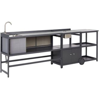 Beliani Gartenk&uuml;che 3-teilig Grau Aluminium Aufbewahrungsschrank Insel Sp&uuml;le Servierwagen Gartenk&uuml;che Kochstelle