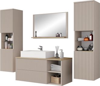 Mirjan24 Badmöbel Set Kormen Rillen III mit Waschbecken und Siphon, 6 offenen Fächern, 8 Einlegeböden 2 Schubladen, Oberplatte - Marmor-Optik, Badezimmer Kompl