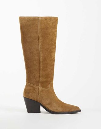 Bronx Next-Low-Kole Western-Stiefel mit Absatz bis zum Knie in dunkel nat&uuml;rlichem Wildleder-Neutral