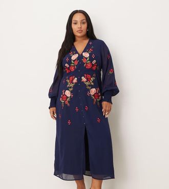 Hope & Ivy Robe mi-longue en mousseline &agrave; col V boutonn&eacute; et broderies fleuries - Bleu marine