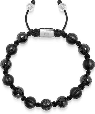 Nialaya Homme, Accessoires, Gris, Taille: 2XL Mens Sterling Silver Beaded Bracelet with Matte Black, Glossy Black Ceramic & One Diamond Ball