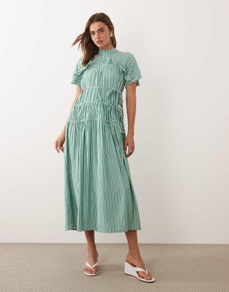 Ghospell Robe &agrave; rayures mi-longue avec cordons de serrage et manches bouffantes - Vert