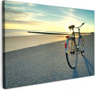MuchoWow Leinwand Bilder, Einzigartige Wanddeko mit Rahmen, Nordsee - Fahrrad - Sonnenuntergang, Wandbilder Wohnzimmer, Deko Schlafzimmer 90x60 cm