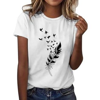 Generic T-shirt &agrave; manches courtes et col rond d&eacute;contract&eacute; avec motif plume pour femme, blanc, XXL