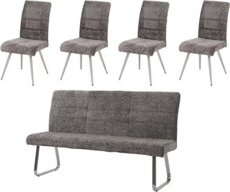 Hhg Esszimmer-Set 221, 4er-Set Stuhl + Sitzbank 180cm, Edelstahl geb&uuml;rstet Stoff/Textil Chenille dunkelgrau