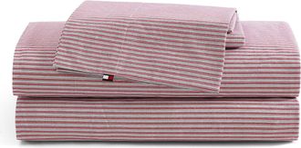Tommy Hilfiger Bettlaken-Set, Baumwoll-Perkal-Bettw&auml;sche mit passenden Kissenbez&uuml;gen, frisch und cool, Premium-Qualit&auml;t f&uuml;r Zuhause (Highland Ticking Stripe Red, Que