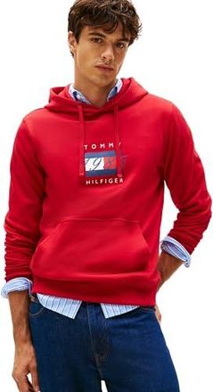 Tommy Hilfiger Sweat à Capuche Homme Linear Flag Graphic en Coton, Rouge (Medium Red), XL