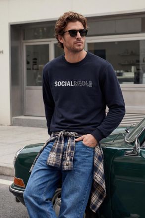 Trendyol MAN Herren Dunkelblau Slogan Lang Relaxed Fit Sweatshirts