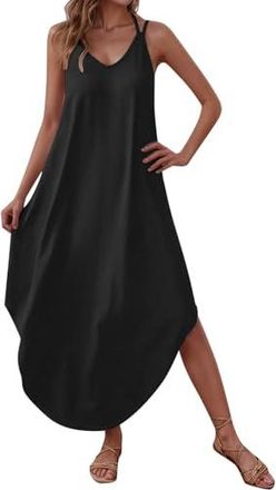 Generic Robe longue d&eacute;t&eacute; d&eacute;contract&eacute;e sans manches pour femme - Style boh&egrave;me - Dos nu - Sans manches - Pour vacances, plage, vacances, Noir, XXL