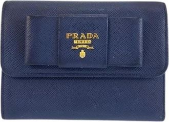 Prada Portefeuille compact en cuir Pre-owned avec Fiocco - Femme - Pre-owned - Bleu - Taille: ONE Size