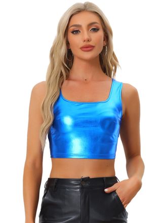 Allegra K Damen Metallic Crop Top Party Tanktop &Auml;rmellos Gl&auml;nzend Club Bauchfrei Oberteil Blau XL