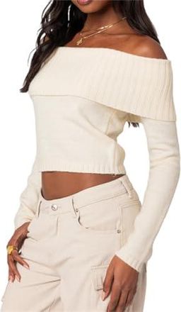 Generic Pull &agrave; &eacute;paules d&eacute;nud&eacute;es pour femme, manches longues en tricot c&ocirc;tel&eacute; pull court pour femme Y2k Tops pulls tendance streetwear, blanc, M