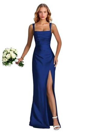 Generic Robe de demoiselle dhonneur en satin pour femme - Robe de bal sir&egrave;ne - Bretelles spaghetti - Corset long pliss&eacute; - Robe de soir&eacute;e formelle avec fente, 