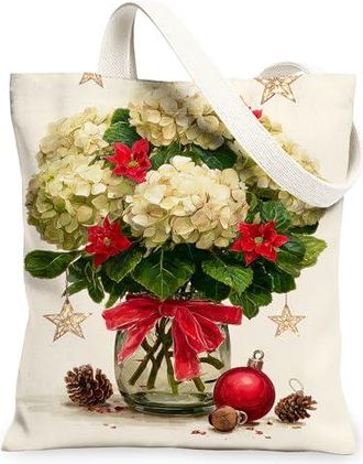 Generic Sacs fourre-tout en toile &agrave; motif floral de No&euml;l, sacs &agrave; provisions r&eacute;utilisables, vintage l&eacute;gers et lavables, blanc, 13x15 Inch