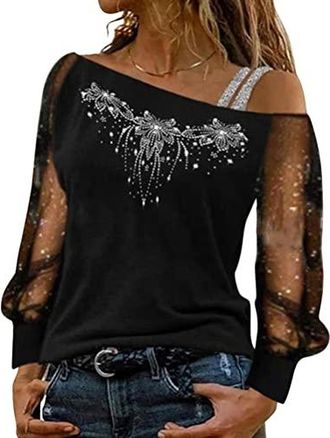 Onsoyours Tops Femme T-Shirt Dentelle Transparent Sexy Une Épaule à Manches Longues Pullover Et Elegant Chemisier Haut Hiver Chic Pas Chère Sweat Blouses Tuniqu