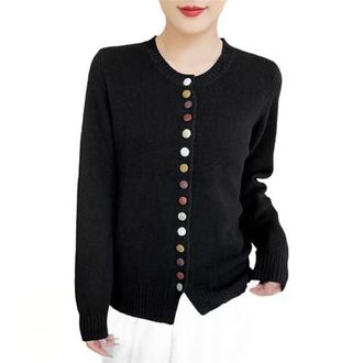 Generic Cardigan ouvert &agrave; boutons et col rond pour femme - Long Sve - Haut tricot&eacute; - Manteaux en coton doux, noir, Taille XS