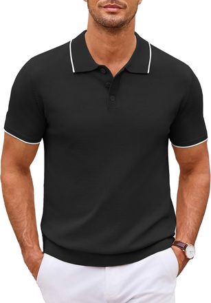 Coofandy Poloshirt Strick Herren Kurzarm Regular Fit Freizeit Gestricktes Polohemd Sommer Golf Shirt Kontras Polokragen T-Shirt Schwarz (weiß gestreift) XL