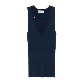 Elisabetta Franchi Femme, Tops, Bleu, Taille: 40 FR Top sans manches bleu c&ocirc;tel&eacute; &agrave; col en V
