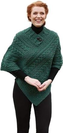 Aran Woollen Mills Poncho en laine m&eacute;rinos pour femme - Confortable - Pull en tricot torsad&eacute; - Taille unique, Laine m&eacute;rinos militaire, Taille unique
