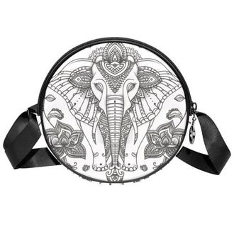 Generic Sac &agrave; bandouli&egrave;re rond pour femme, petit sac &agrave; bandouli&egrave;re ethnique &eacute;l&eacute;phant avec fermeture &eacute;clair, bretelles r&eacute;glables, sac &agrave; main rond d&eacute;contract&eacute; p