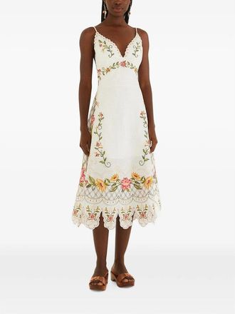 Farm Rio Flower Embroidery Asymmetric Hem Midi Dress