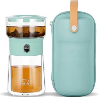 Zens Klein Solo Teekanne Glas mit Sieb, One-Touch Teezubereiter für Losen Tee mit 200ml Isolierter Tasse, Magic Tea Maker for Teezubereitung mit Hellblau T