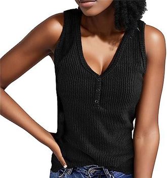 Generic DéBardeurs Femme éTé Mode Couleur Unie CôTelé Tricoté Col en V Haut sans Manche avec Boutons DéBardeur Chic Et éLéGant Coupe Slim Camisole Cami Caraco