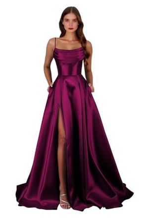 Generic Robes de bal en satin à bretelles spaghetti avec fente trapèze, robes de bal longues robes de soirée formelles avec poches, fuchsia, 54 Grande taille