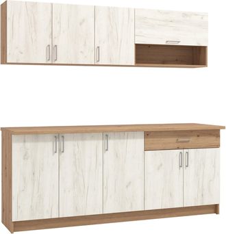 Homestyle4u Küchenzeile 200cm ohne Elektrogeräte - Moderner Küchenschrank mit viel Stauraum und Arbeitsplatte in Weiß und Holzoptik - Einbauküche kompakt