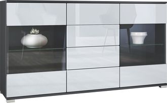Vladon Sideboard Bari V1, Kommode mit 2 gro&szlig;en T&uuml;ren und 4 Schubladen, Anthrazit matt/Wei&szlig; Hochglanz (138,5 x 75,5 x 35)