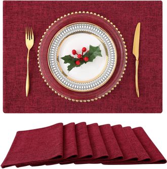 Homing Rote Stoff-Tischsets, 8 Stück, Baumwoll-Leinen-Mischgewebe, waschbar, Bauernhaus-Esstischmatten für Weihnachten, leicht zu reinigen, 33 x 48 cm