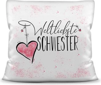 Tassendruck Familie-Kissen mit Spruch für die Weltbeste Schwester - Kissenbezug inklusive Kissen/Verwandte/Geschenk-Idee/Liebling/Kinder/Kissen Weiss Flauschig