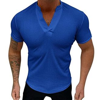 Generic Chemise en coton et lin pour homme - Hauts Henley - Tendance - D&eacute;contract&eacute; - En coton et col en V - Haut &agrave; manches courtes - Haut tendance - Chemisier