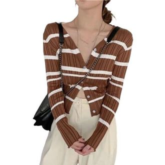 Generic Y2k Cardigan &agrave; rayures cor&eacute;ennes en tricot fin avec boutons d&eacute;contract&eacute;s et col en V pour femme, Caf&eacute;, taille unique