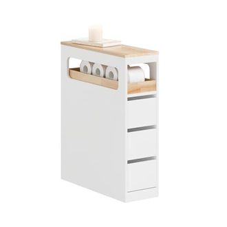 SoBuy Meuble Salle de Bain Colonne de Rangement, Petit Meuble Salle de Bain Meuble Compact avec Roues, Tiroirs et S&eacute;parateurs, Blanc 65x23x82cm BZR54-II-W