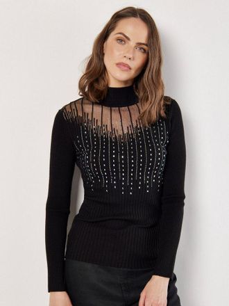 Apricot Strickpullover geripptes Top aus Mesh mit Glitzersteinen