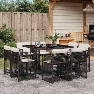 vidaXL 9-tlg. Garten-Essgruppe mit Kissen Schwarz Poly Rattan - Vidaxl