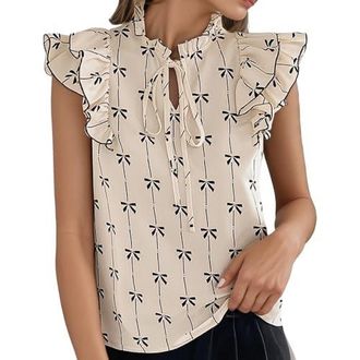 Generic Tee Shirt Femme sans Manches, Haut &agrave; Imprim&eacute; Floral Blouse Chic Et &eacute;l&eacute;gant Volants avec Creux Lacets Top Coupe Ajust&eacute;e des Tendance Confortables Chemi