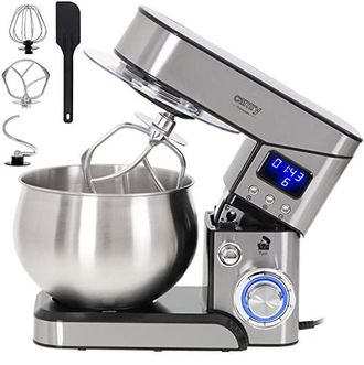 Camry CR 4223 K&uuml;chenmaschine 2000W - 5L Edelstahl-Sch&uuml;ssel, LCD-Display, 6 Stufen, Planetenr&uuml;hrsystem, Teigkneter, Schneebesen, Anti-Rutsch, Silber, Profi-K
