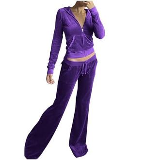 Generic Y2K Surv&ecirc;tement en velours &agrave; manches longues et fermeture &eacute;clair pour femme - Veste courte et pantalon de yoga taille basse - Jambe large, violet, XXL