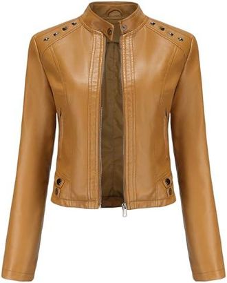 Generic Vestes en similicuir matelass&eacute; &agrave; manches longues pour femme - Manteaux &agrave; revers et fermeture &eacute;clair - Manteau de motard pour moto, camel, XXL