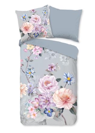 JACK Flanell Wende Bettw&auml;sche 2 TLG. 135x200cm Bl&uuml;tenzauber Blaugrau mit Rei&szlig;verschluss