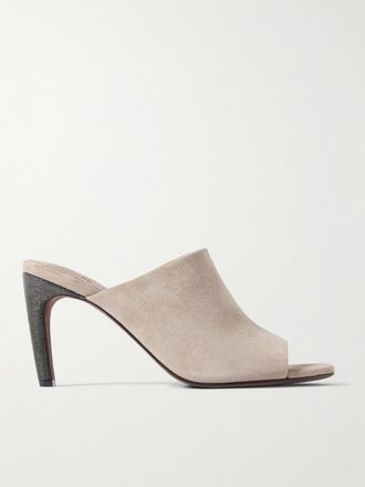 Brunello Cucinelli Mules En Daim &Agrave; Perles - Gris