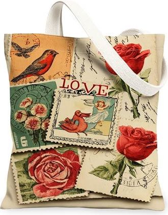 Generic Sacs fourre-tout vintage en toile &agrave; motif floral r&eacute;tro, sacs d&eacute;picerie r&eacute;utilisables, printemps romantique, l&eacute;ger, lavable, beige, 13x15 Inch