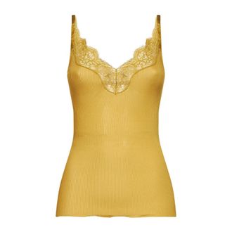 Saint Laurent Spaghettitr&auml;ger-Top aus gerippter Seide mit Spitze - - Tops - Damen - Gelb - M