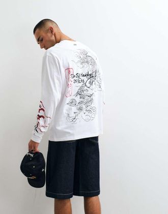Ed Hardy Langarm-T-Shirt mit fliegendem Drachen in Wei&szlig;