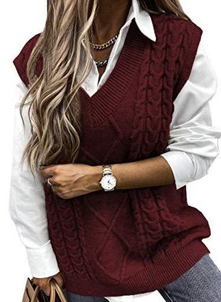 Minetom Pull sans Manche Col V Femme Gilet en Tricot Automne Hiver D&eacute;bardeurs Chandail Oversize Bureau Pull-Over Tops Hauts A Rouge 38