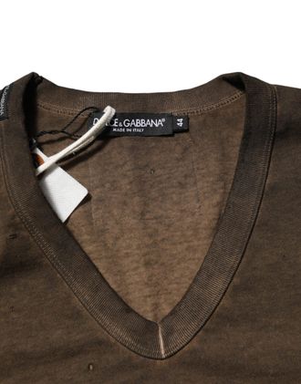 Dolce & Gabbana Dark Brown Cotton Tattered Logo Men T-Shirt